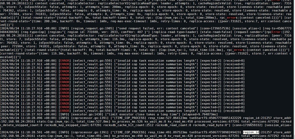 [ERROR] [select_result.go:559] ["invalid cop task execution summaries length"] [expected=2 ...