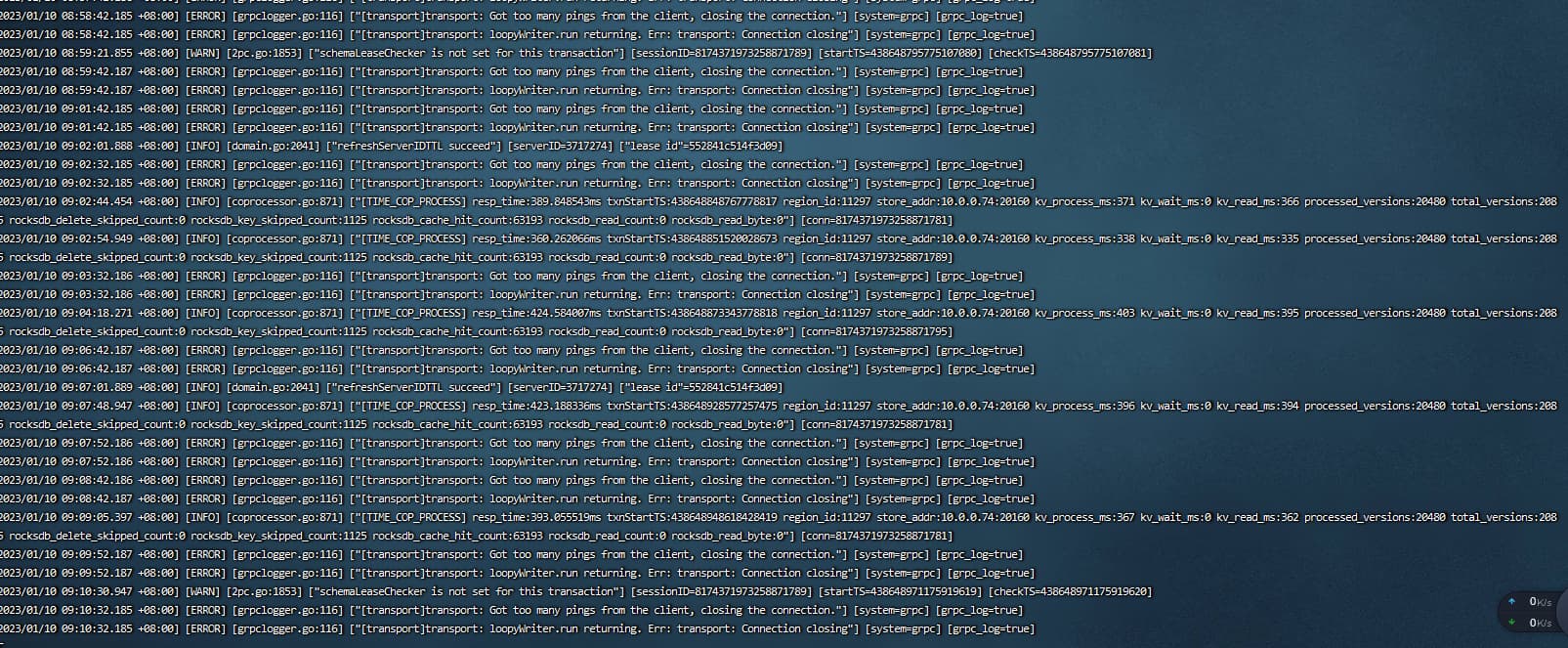 今天早上突然发现数据库连接不上了，查看tidb-server提示Got too many pings from the client, closing the connection ...